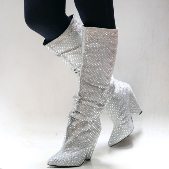 Shoes | Silver Rhinestone Pointy Toe Heel Knee High Boots | Poshmark